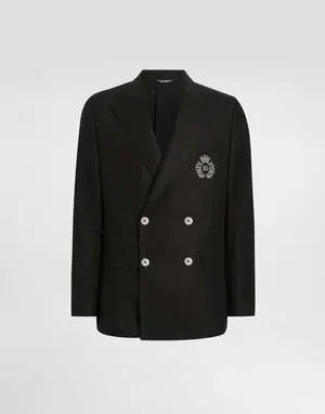 Dolce & Gabbana Double-breasted Linen Jacket With Patch Suits And Blazers - Black
