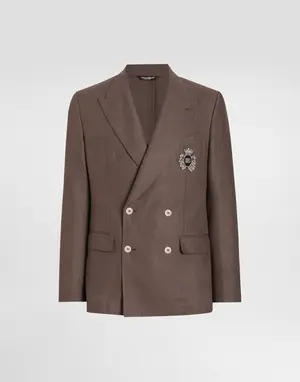 Dolce & Gabbana Double-breasted Linen Jacket With Patch Suits And Blazers - Brown