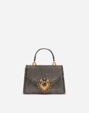 Dolce & Gabbana Small Devotion Bag In Mordore Nappa Leather With Rhinestone Detailing Handbags - Silver