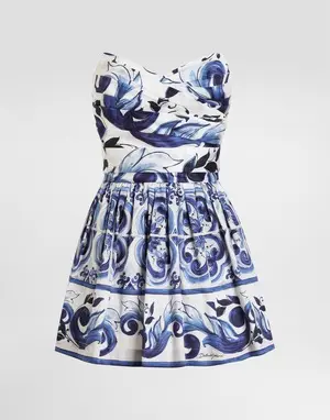 Dolce & Gabbana Dg Exclusive Majolica- Cotton Satin Dress Dresses Blue - Print