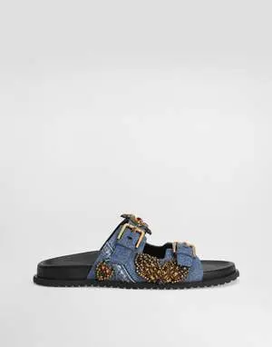 Dolce & Gabbana Flat Denim Slippers With Embroidery Slides And Mules Multi-colored - Multicolor