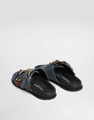 Dolce & Gabbana Flat Denim Slippers With Embroidery Slides And Mules Multi-colored