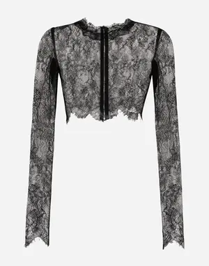 Dolce & Gabbana Long-sleeved Chantilly Lace Crop Top Shirts And Tops Lace - Black