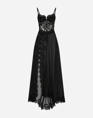 Dolce & Gabbana Long Silk Chiffon And Chantilly Lace Slip Dress Dresses Silk - Black