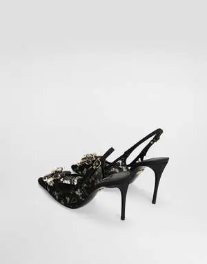 Dolce & Gabbana Rainbow Lace Slingbacks In Lurex Lace With Brooch - Black