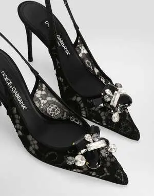 Dolce & Gabbana Rainbow Lace Slingbacks In Lurex Lace With Brooch - Black
