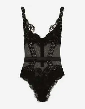 Dolce & Gabbana Lace And Tulle Bodysuit With Lacing And Eyelets Shirts And Tops Fabric - Black