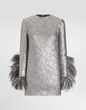 Dolce & Gabbana Quilted Lamé Jacquard Sack Minidress With Feathered Cuffs - Silver
