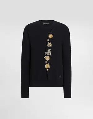 Dolce & Gabbana Wool Round-neck Sweater With Bejeweled Buttons Sweaters And Cardigans - Blue