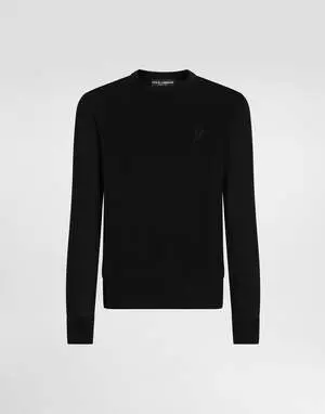 Dolce & Gabbana Silk Round-neck Sweater With Dg Embroidery - Black