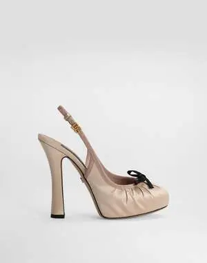 Dolce & Gabbana Satin Platform Slingback Pumps With Floral And Bow Detailing - Beige