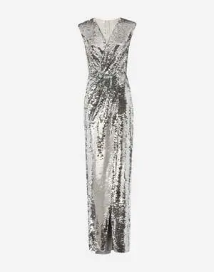 Dolce & Gabbana Long Sequined Dress With Draping Dresses - Silver