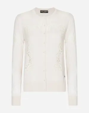 Dolce & Gabbana Cashmere And Silk Cardigan With Lace Inlay Sweaters And Cardigans - White