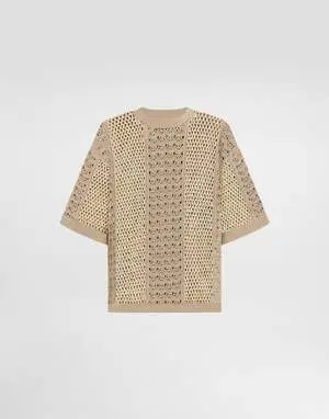 Dolce & Gabbana Round-neck Cotton And Viscose Crochet Top Sweaters And Cardigans - Beige