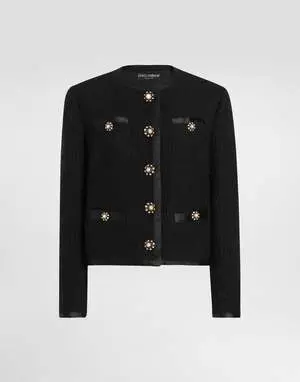 Dolce & Gabbana Cropped Single-breasted Bouclé Tweed Jacket With Bejeweled Buttons Blazers - Black