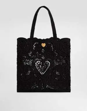 Dolce & Gabbana Medium Cordonetto Lace Beatrice Shopper Tote Bags Cotton - Black