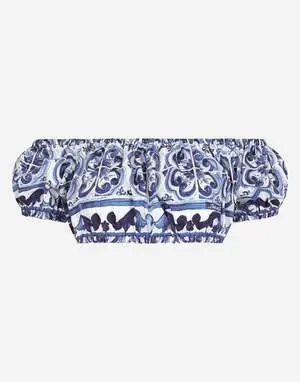 Dolce & Gabbana Cotton Poplin Crop Top With Majolica Print Shirts And Tops Blue Cotton - Multicolor