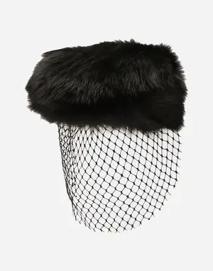 Dolce & Gabbana Shearling Flat Cap With Veil Hats And Gloves - Black