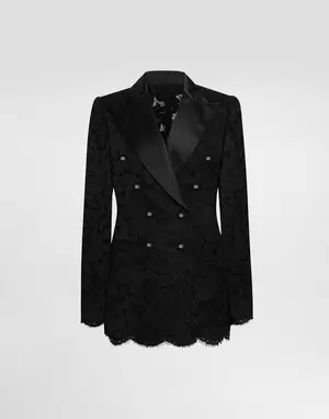 Dolce & Gabbana Double-breasted Branded Floral Cordonetto Lace Turlington-fit Jacket Blazers - Black