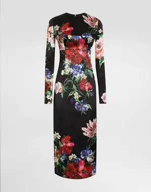 Dolce & Gabbana Satin Calf-length Round-neck Dress With Floral Dresses - Print