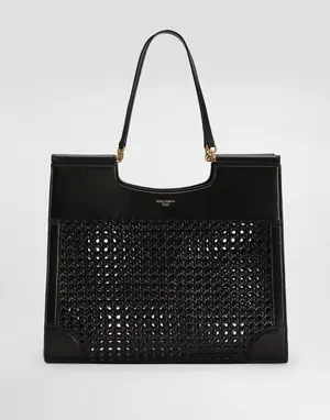 Dolce & Gabbana Shopping Sicily In Straw And Calfskin Weave Tote Bags - Black