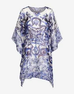 Dolce & Gabbana Short Majolica-print Chiffon Caftan Dresses Blue Silk - Multicolor
