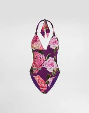 Dolce & Gabbana Rose- One-piece V-neck Swimsuit Swimwear - Print