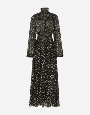 Dolce & Gabbana Chiffon Midi Dress With Smock Stitching And Micro-polka Dot Dresses - Print