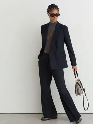 REISS Elasticated-waist Wide-leg Twill Trousers Navy