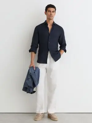 REISS Linen Cutaway-collar Regular-fit Shirt Navy