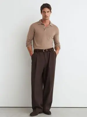 REISS Merino Wool Long-sleeve Polo Shirt - Camel Brown