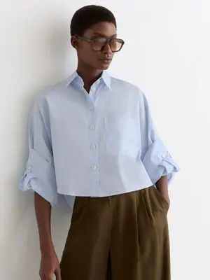 REISS Cotton Cropped Long-sleeve Shirt - Blue