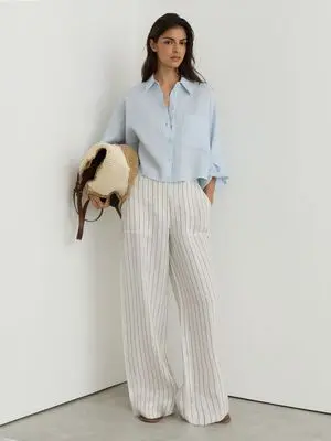 REISS Petite Linen Wide-leg Trousers - White/navy