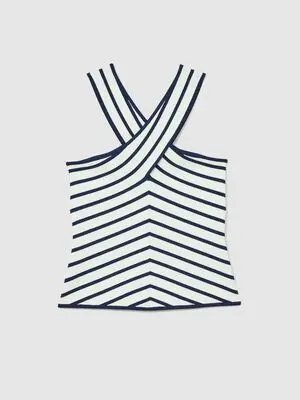 REISS White & Navy Striped Cross-strap Knitted Vest