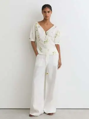 REISS Linen-blend Floral-print Top