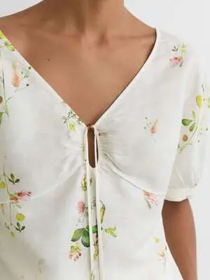 REISS Linen-blend Floral-print Top