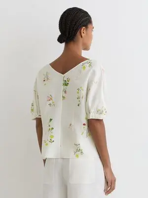 REISS Linen-blend Floral-print Top