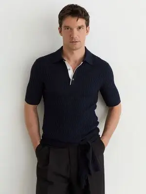 REISS Textured-knit Half-button Polo Shirt Navy