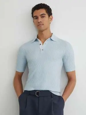 REISS Textured-knit Half-button Polo Shirt - Soft Blue