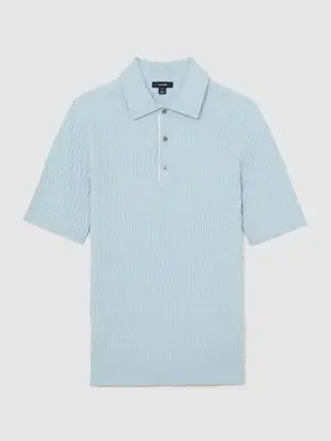 REISS Textured-knit Half-button Polo Shirt - Soft Blue
