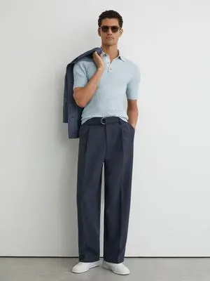 REISS Textured-knit Half-button Polo Shirt - Soft Blue