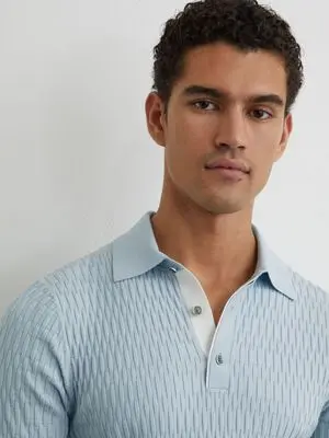 REISS Textured-knit Half-button Polo Shirt - Soft Blue