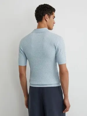 REISS Textured-knit Half-button Polo Shirt - Soft Blue
