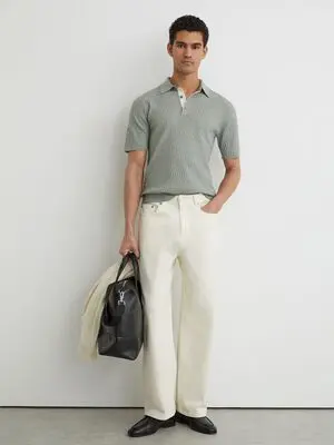 REISS Textured-knit Half-button Polo Shirt Soft Sage