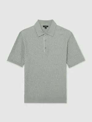 REISS Textured-knit Half-button Polo Shirt - Soft Sage