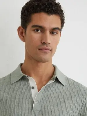 REISS Textured-knit Half-button Polo Shirt - Soft Sage