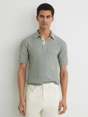 REISS Textured-knit Half-button Polo Shirt - Soft Sage