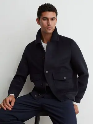 REISS Wool-blend Flap-pocket Bomber Jacket - Navy
