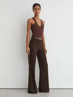 REISS Petite High Rise Flared Trousers - Brown