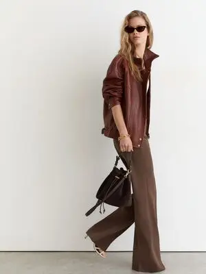 REISS Petite High Rise Flared Trousers - Mocha Brown